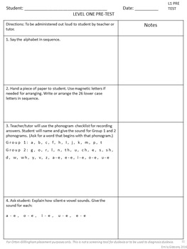 Orton-Gillingham Assessment Level 1-5 Pre and Post Tests Leveled ...