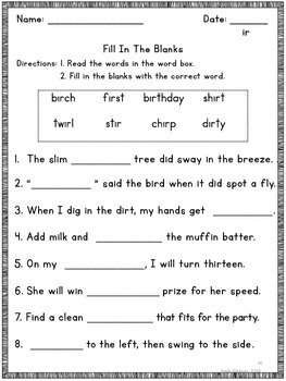 Orton-Gillingham Phonics Multisensory Activities R-Controlled Vowels IR ...