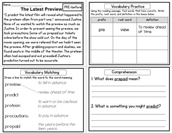 Prefixes Vocabulary Practice and Reading Comprehension Passages | Word ...