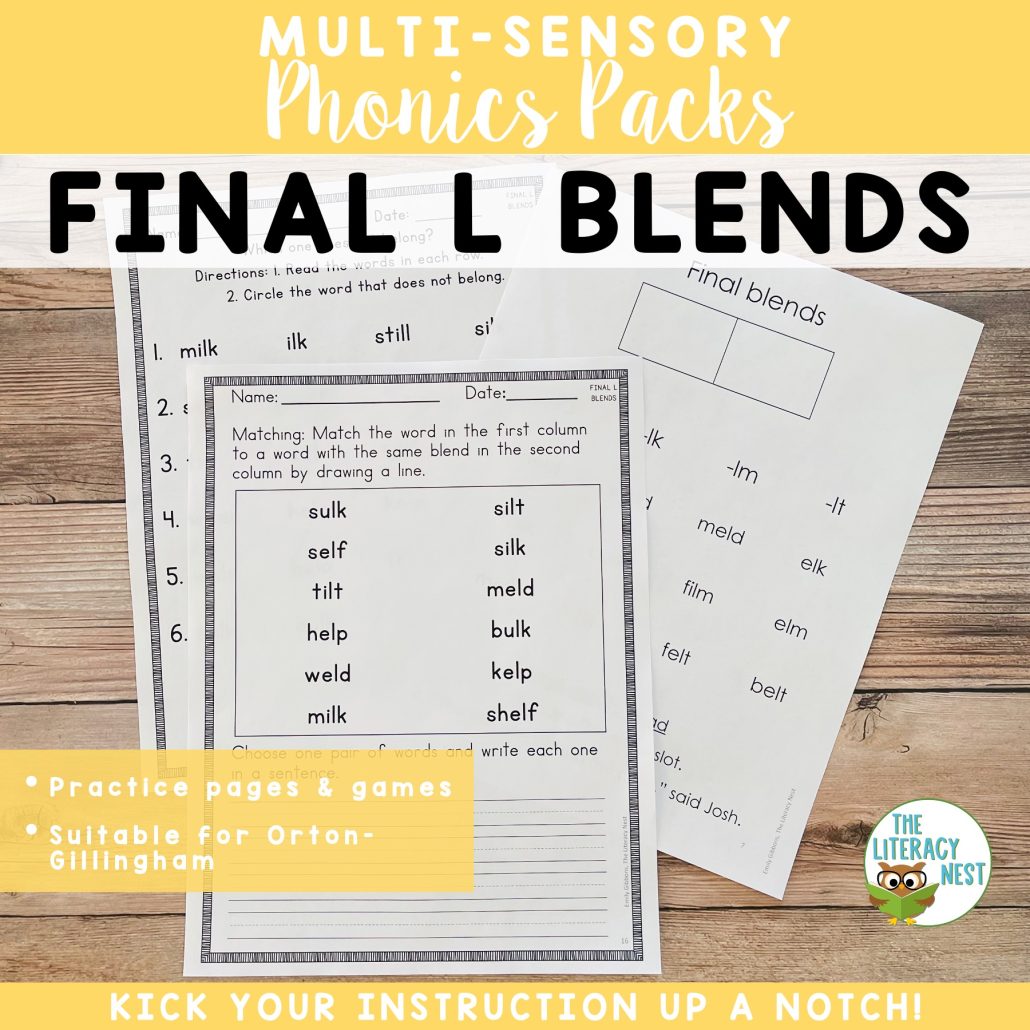 Consonant Blends (Final L) Worksheets Activities for Orton-Gillingham ...
