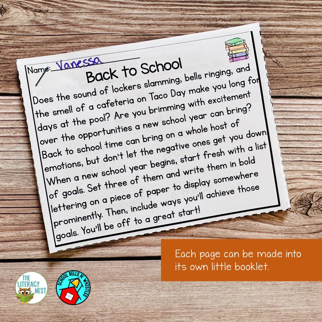 Reading Comprehension Back to School Passages - The Literacy Nest