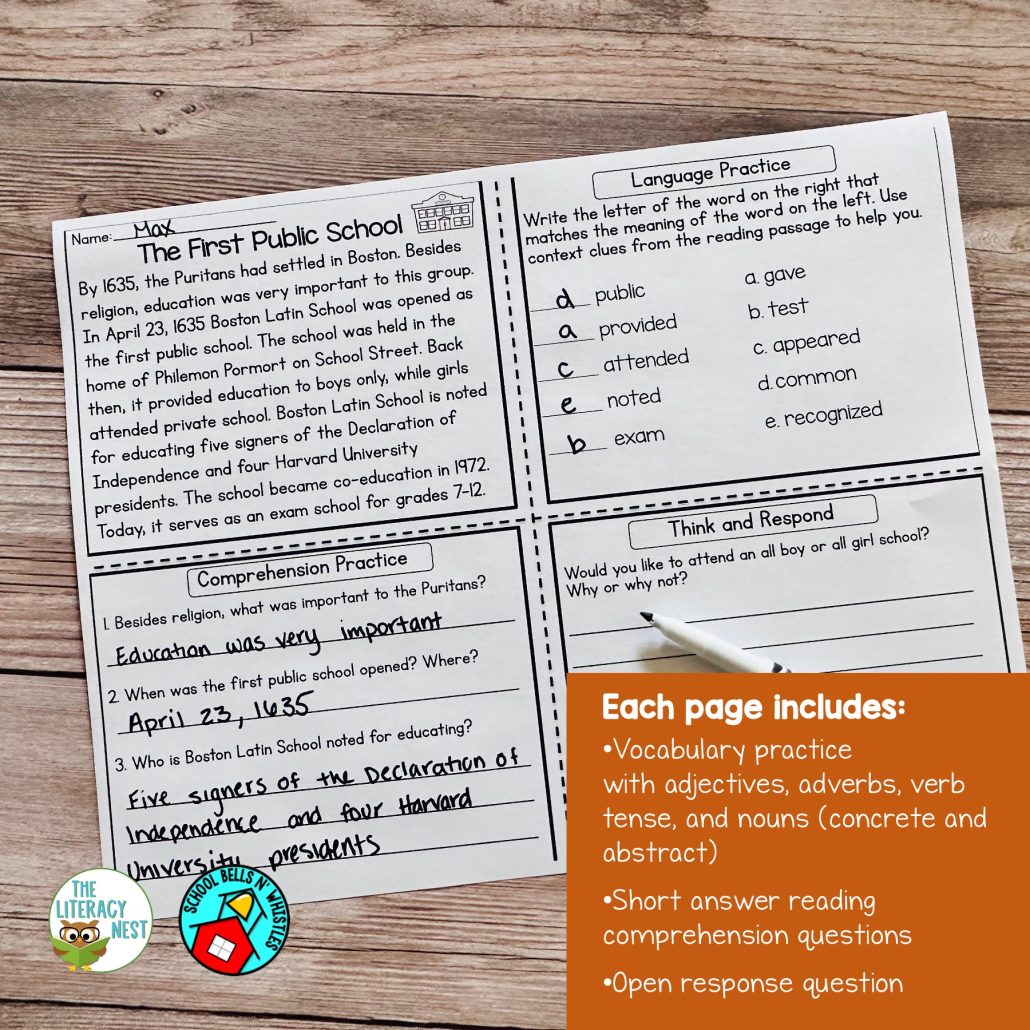 Reading Comprehension Back to School Passages - The Literacy Nest