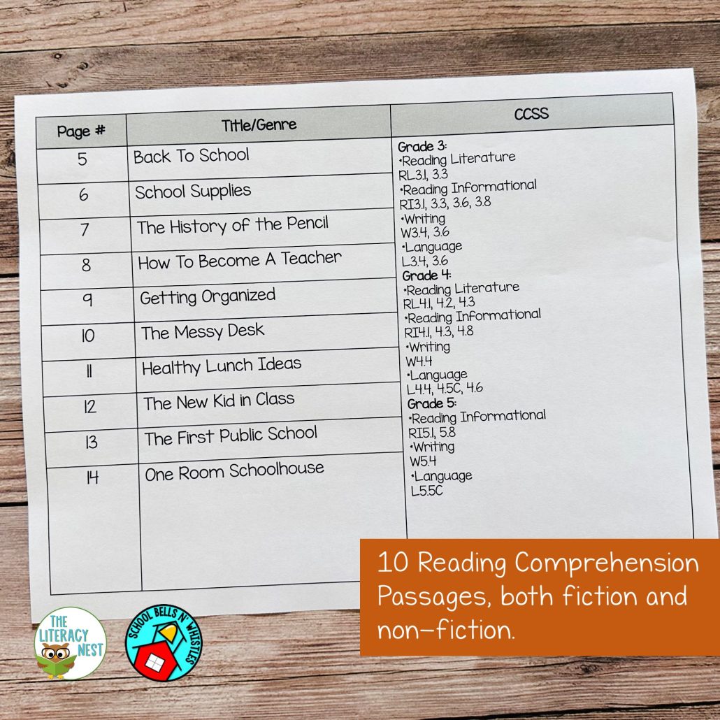Reading Comprehension Back to School Passages - The Literacy Nest