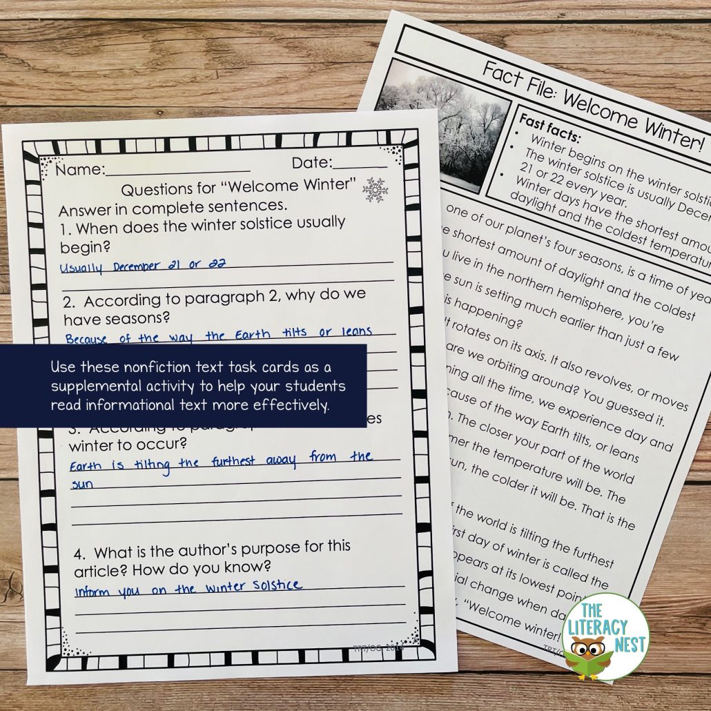 Task Cards Winter Solstice Informational Text Activity - The Literacy Nest