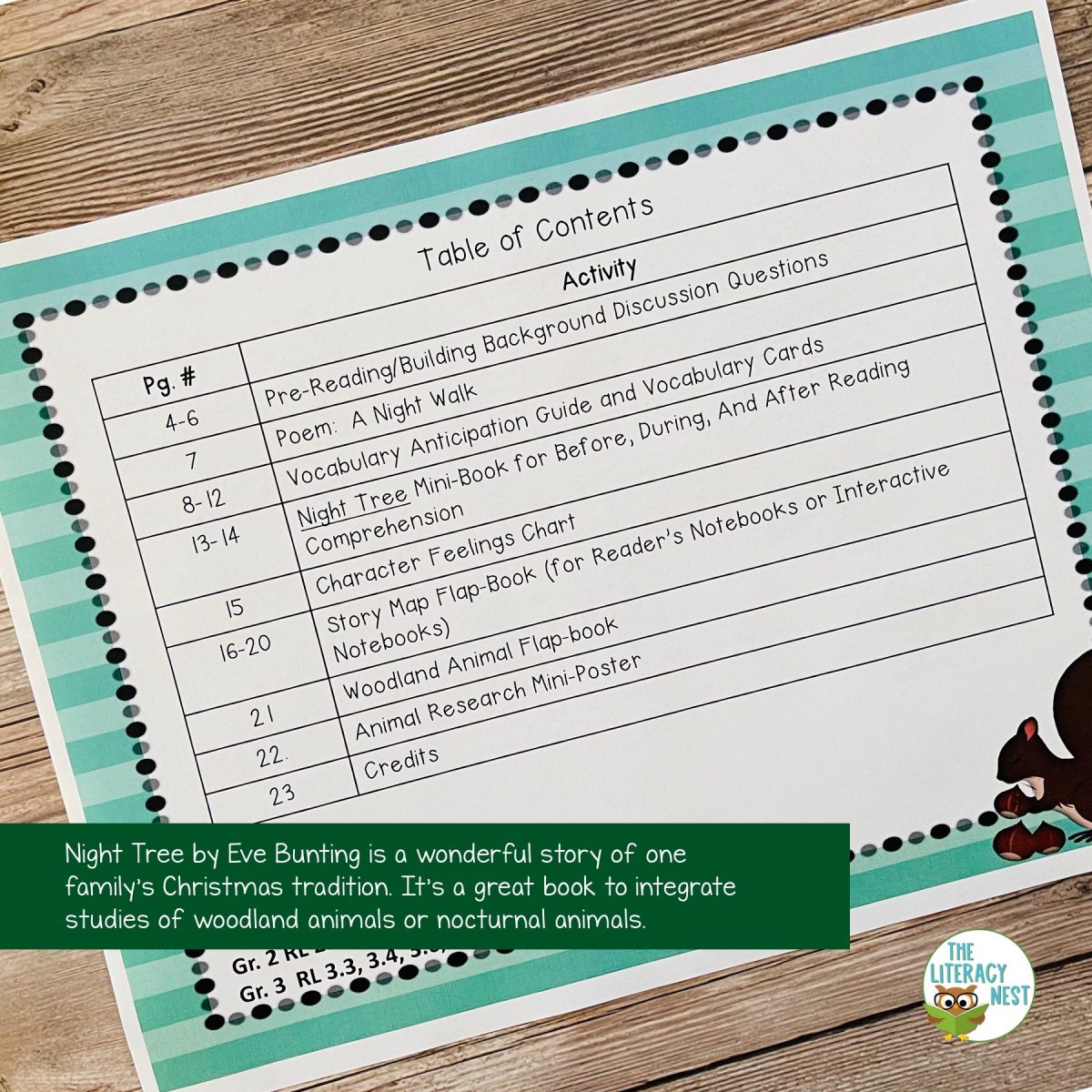 Book Companion Activities for Night Tree by Eve Bunting - The Literacy Nest