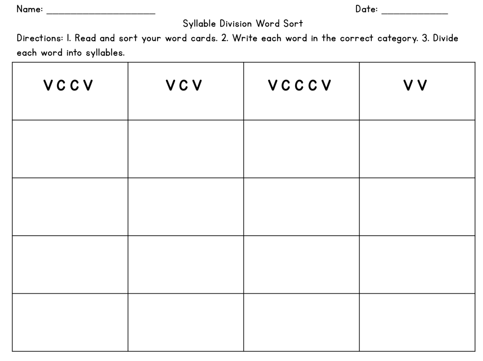 Syllable Division and Syllable Types Sorting Practice FREEBIE - The ...