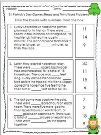 St. Patrick's Day March Math Problems for Math Centers - The Literacy Nest