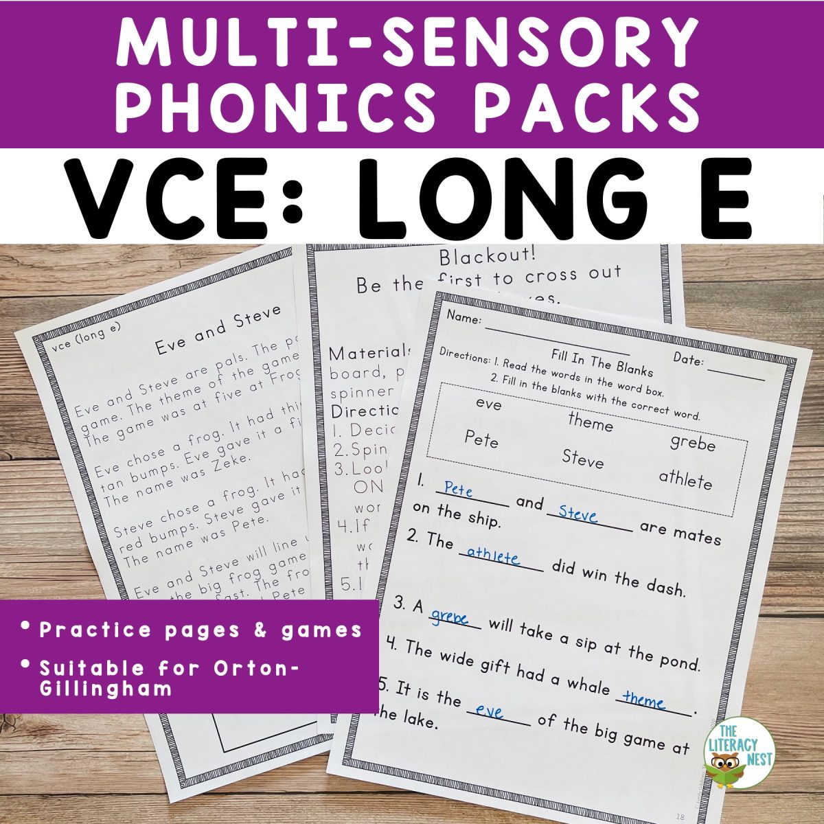 VCE Long E Phonics Activities for Orton-Gillingham Lessons - The ...