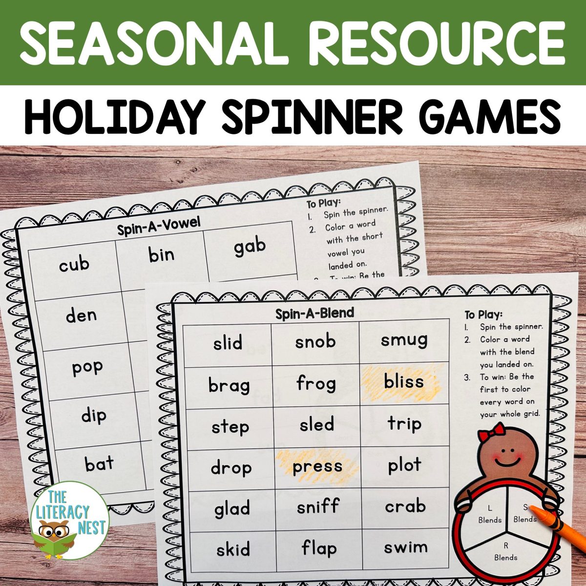 Literacy Games Phonics Spinner FREEBIE Holiday Activity - The Literacy Nest
