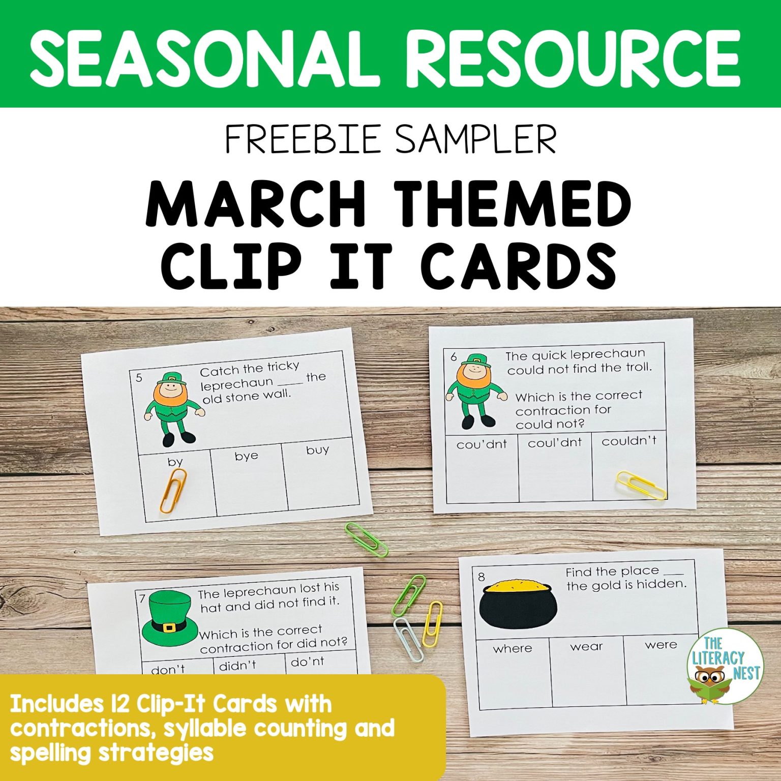 St. Patrick's Day Literacy Centers March Clip Cards Activities Freebie ...
